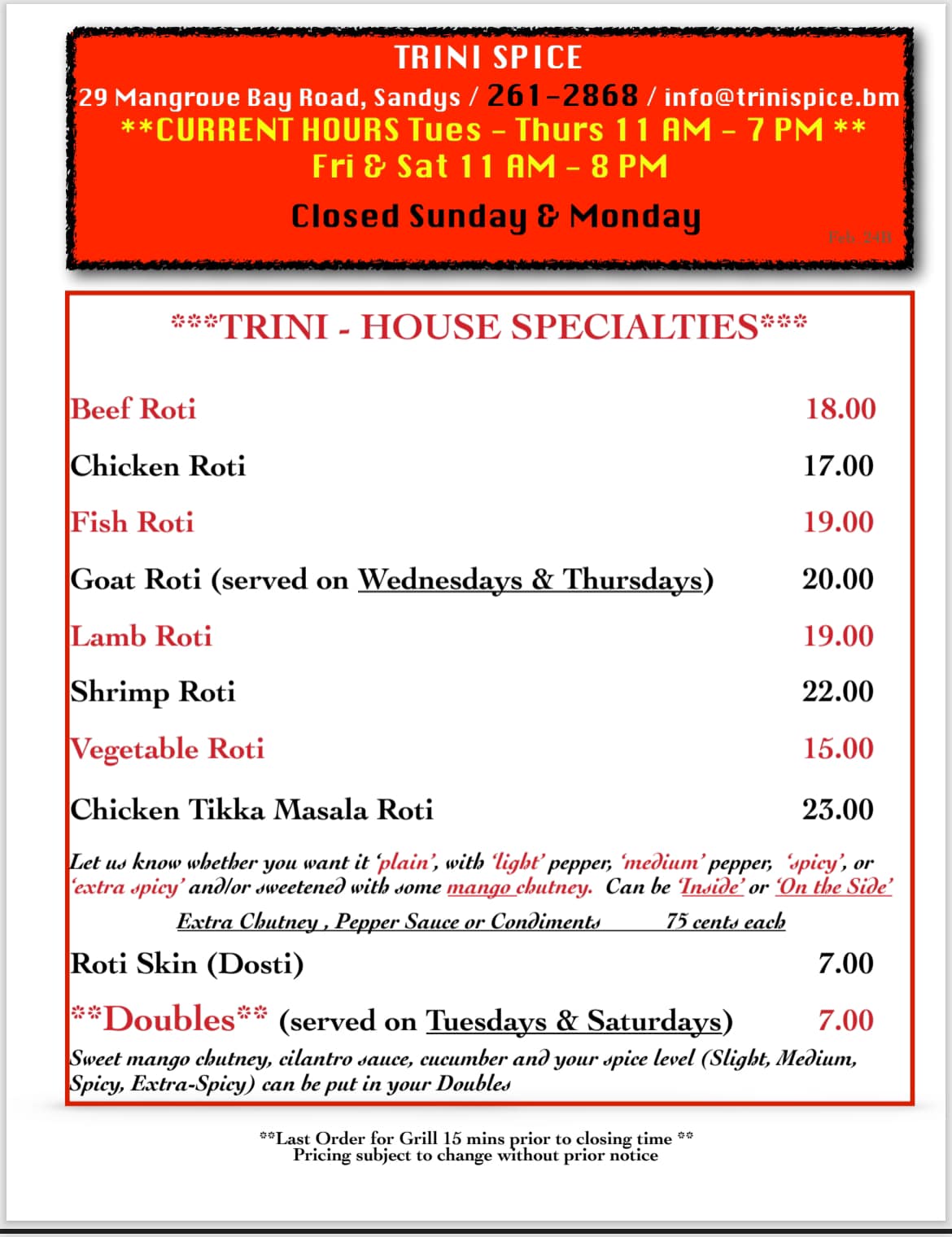 Trini Spice | Menus.bm